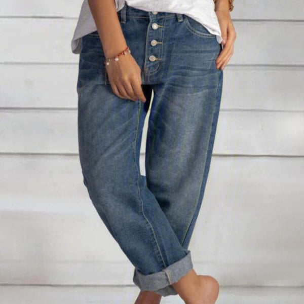 Women's Jeans - Relaxed Boyfriend Fit - Button Closure - Rolled-Up Leg ...